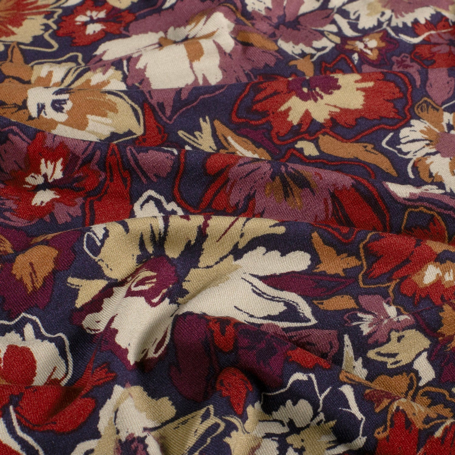 Viscose Vortex Jersey fabric Flowers Navy | Wholesale fabrics ...